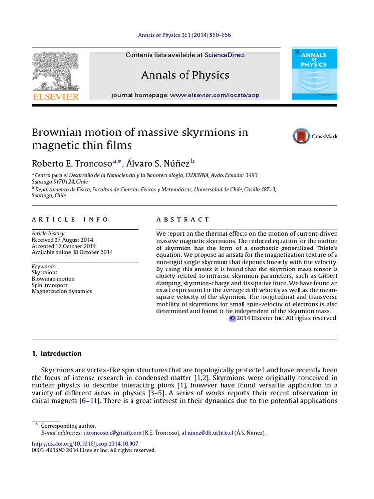 Brownian Motion of Massive Skyrmions in Magnetic Thin Films | PDF ...