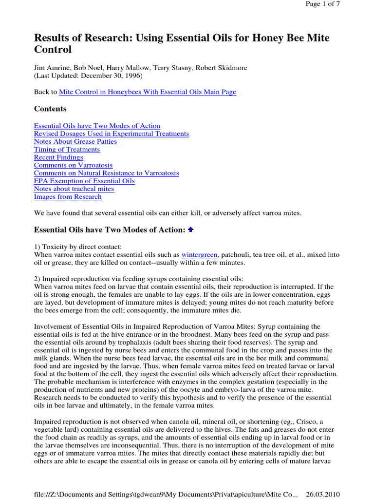 Essential_Oils_for_mite_control | PDF | Honey Bee | Beekeeping