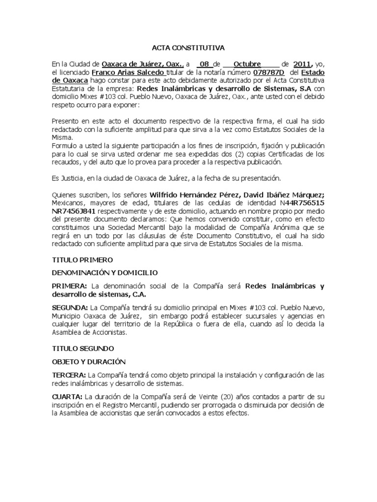 Acta Constitutiva | PDF | Liquidación | Compartir (Finanzas)