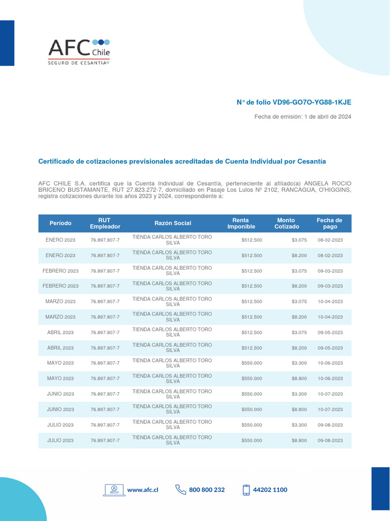 Certificado de Cotizaciones AFC 2024 | PDF