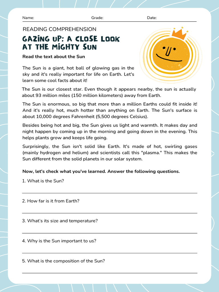 The Sun Reading Comprehension Worksheet in Colorful Playful Style | PDF ...