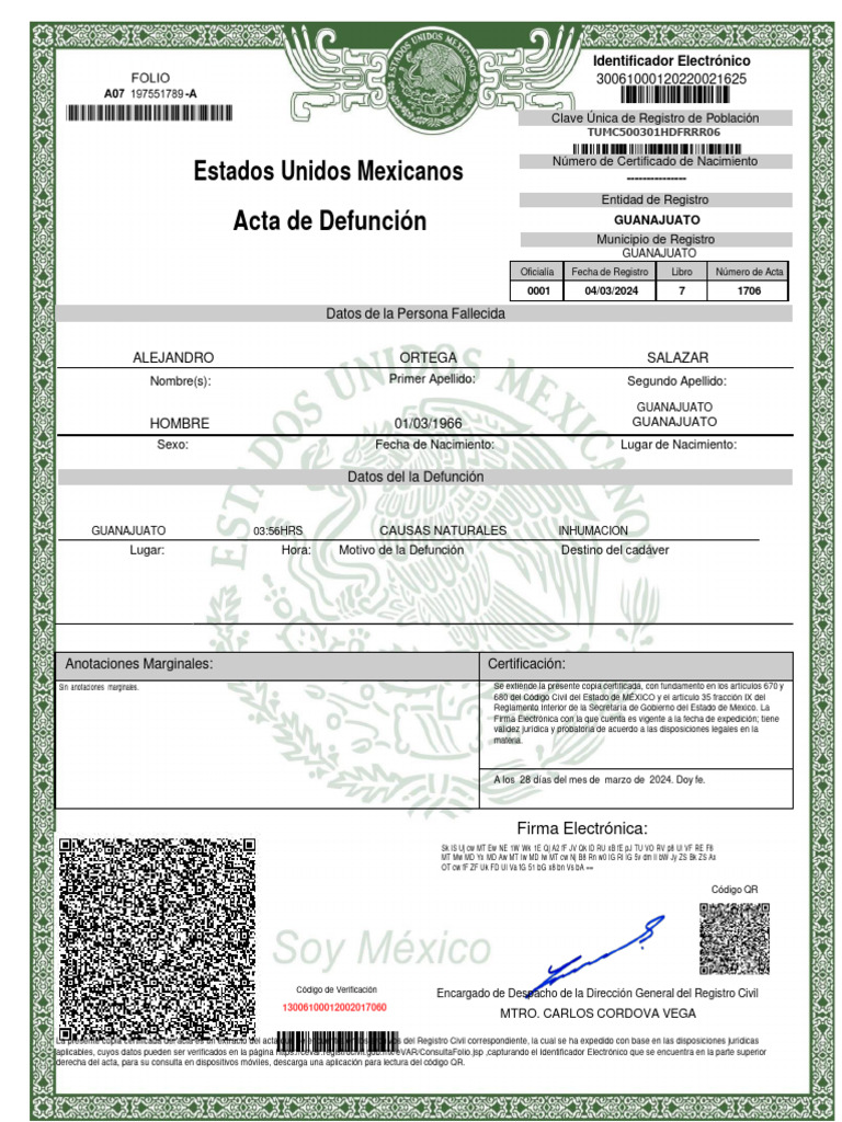 Acta de Defunción de Alejandro Ortega | PDF | Autenticación | Vigilancia