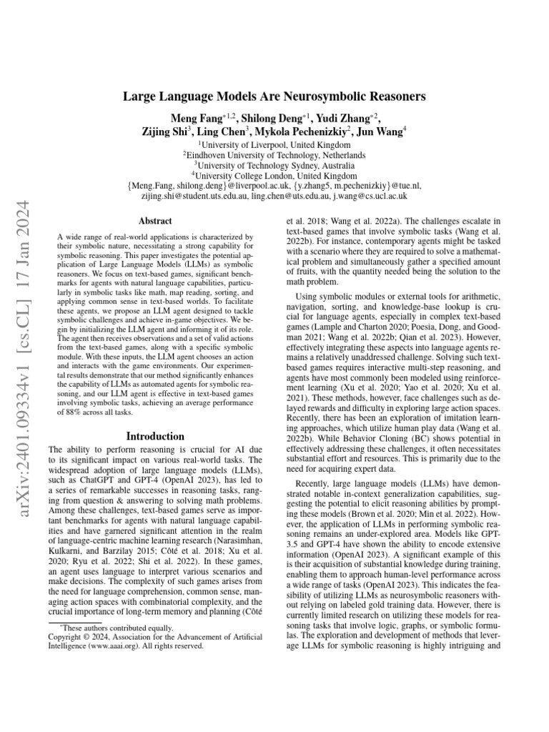 Large Language Models Are Neurosymbolic Reasoners | PDF | Learning | Cognitive Science