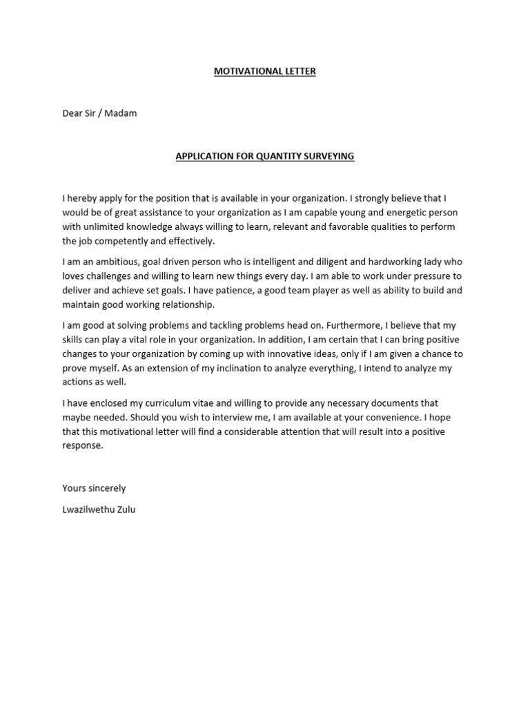Quantity Surveying Application Letter | PDF | Self-Improvement