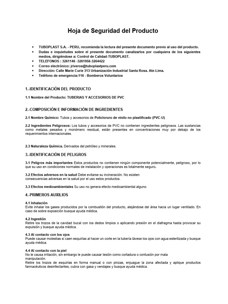 Hojas de Seguridad PVC | PDF | Tubería (transporte de fluidos) | Residuos