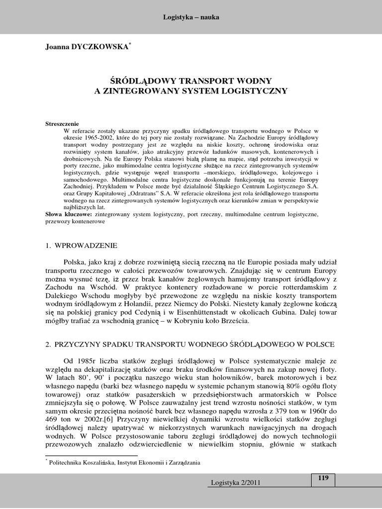 A Zintegrowany System Logistyczny: Śródlądowy Transport Wodny | PDF
