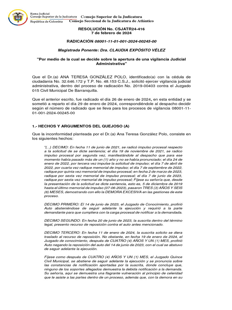 Res. Vig. 2024-00245 SIn Apertura | PDF | Judicaturas | Juez