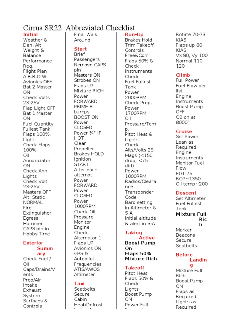 Sr22 Checklist | PDF | Flap (Aeronautics) | Turbocharger