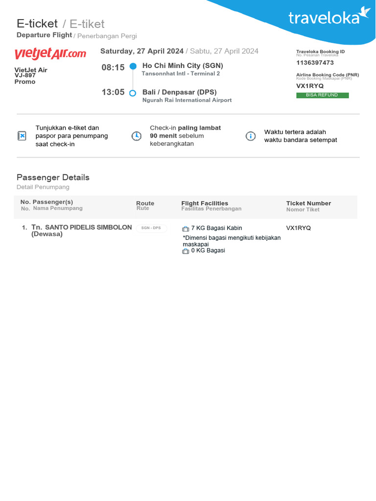 SANTO PIDELIS SIMBOLON-VietjetAir-VX1RYQ-SGN-DPS PDF | PDF