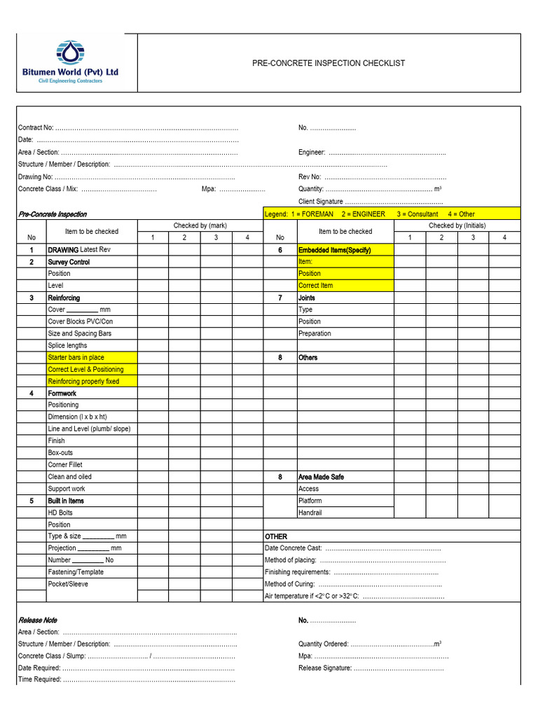 BW-IMS-R-PR-4-12 Pre Concrete Inspection Checklist Rev 0 | PDF | Structural Engineering | Civil ...