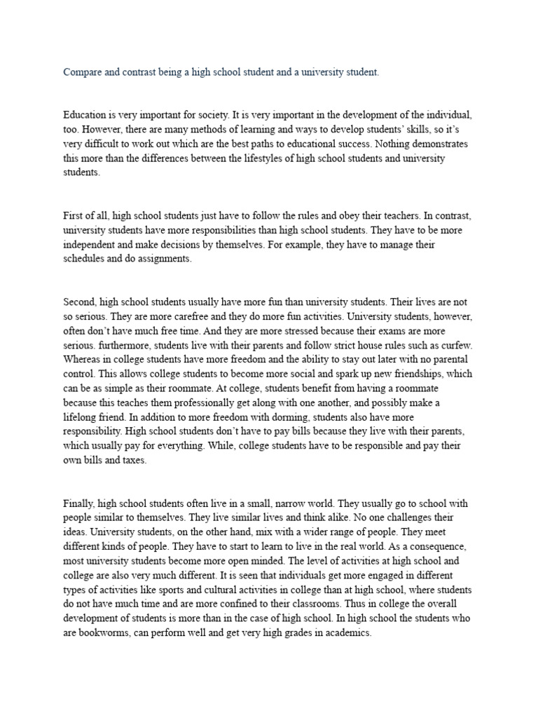 Compare and Contrast Being A High School Student and A University ...