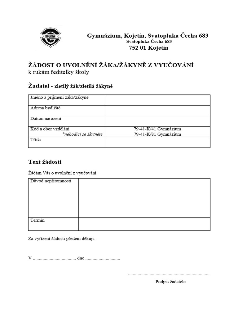 Zadost o Uvolneni Z Vyucovani Zletily Zak | PDF