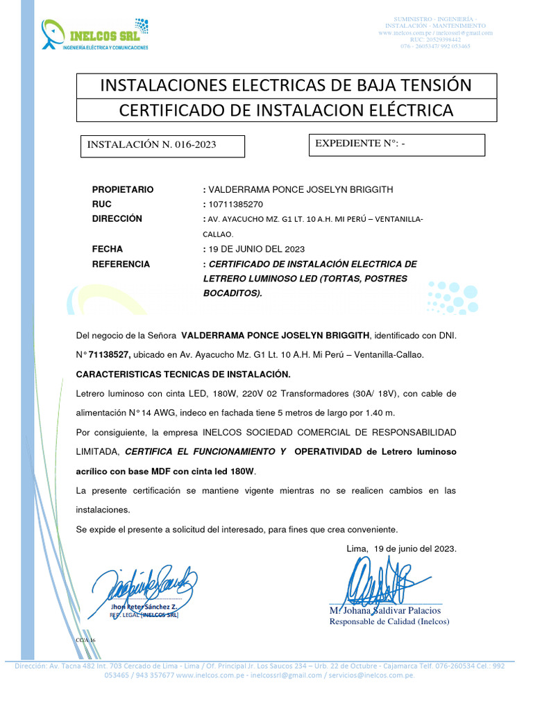 016 Certificado de Instalación Electrica | Descargar gratis PDF | Ingenieria Eléctrica ...