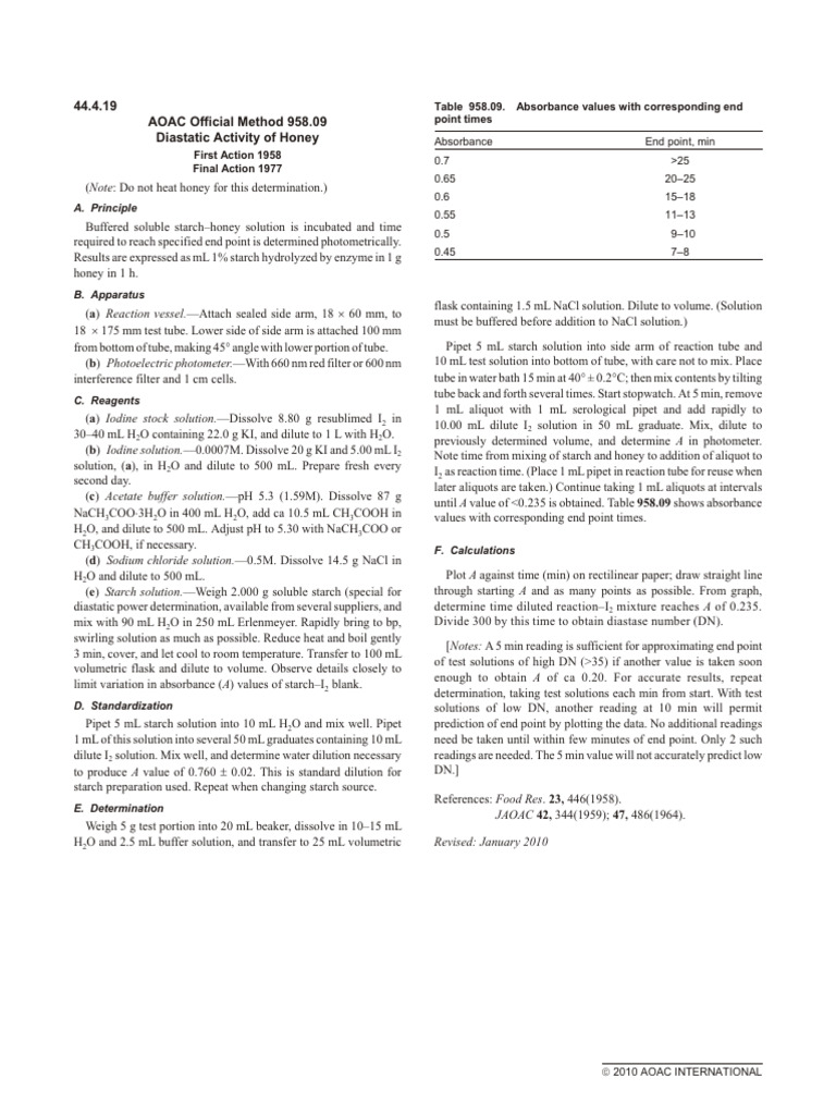 Aoac 958.09 Atividade Diastásica em Mel | PDF | Chemistry | Physical Chemistry