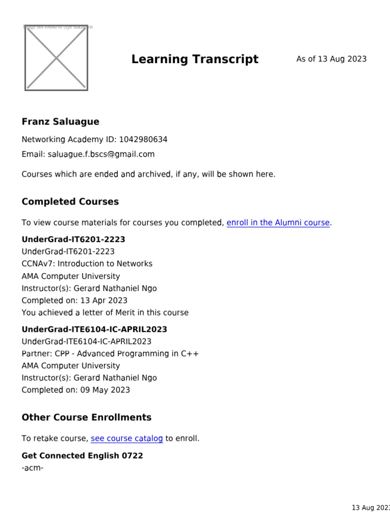 NetAcad Learning Transcript | PDF
