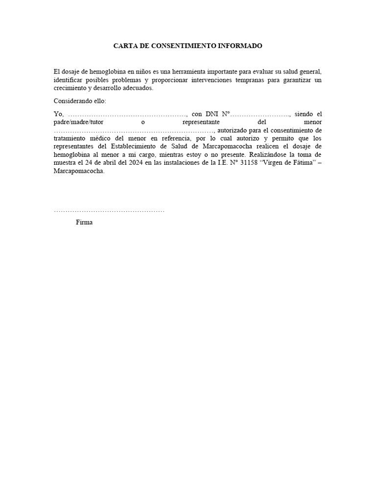Carta de Consentimiento Informado Pediátrico | PDF