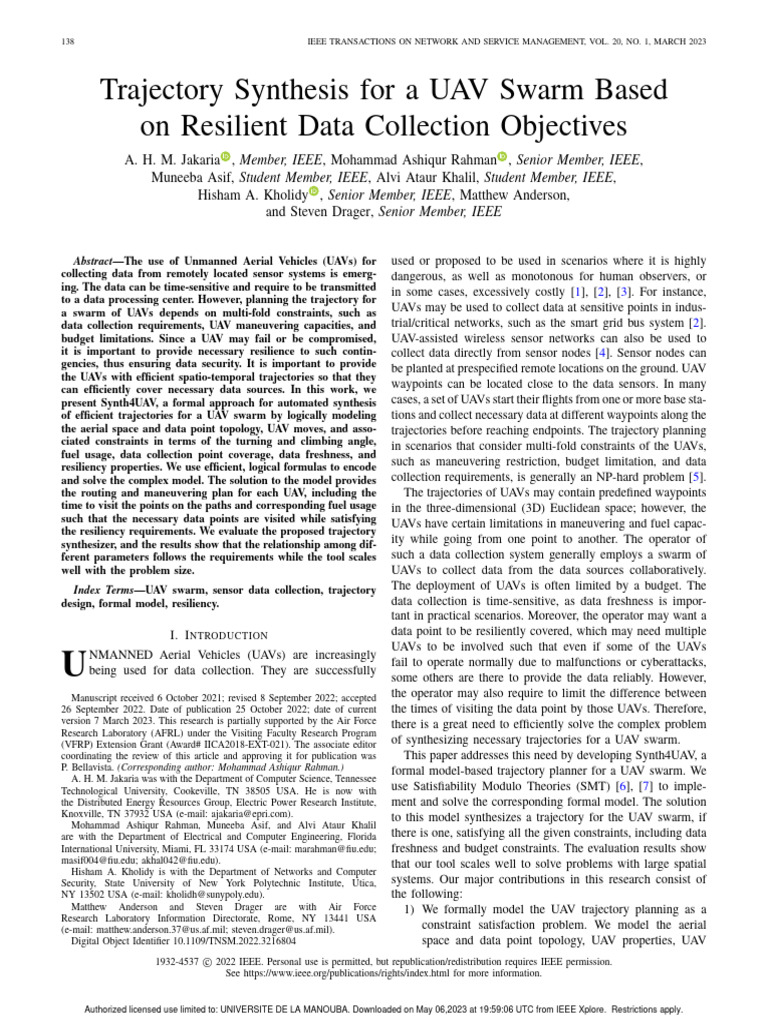 Trajectory Synthesis For A UAV Swarm Based On Resilient Data Collection Objectives | PDF ...