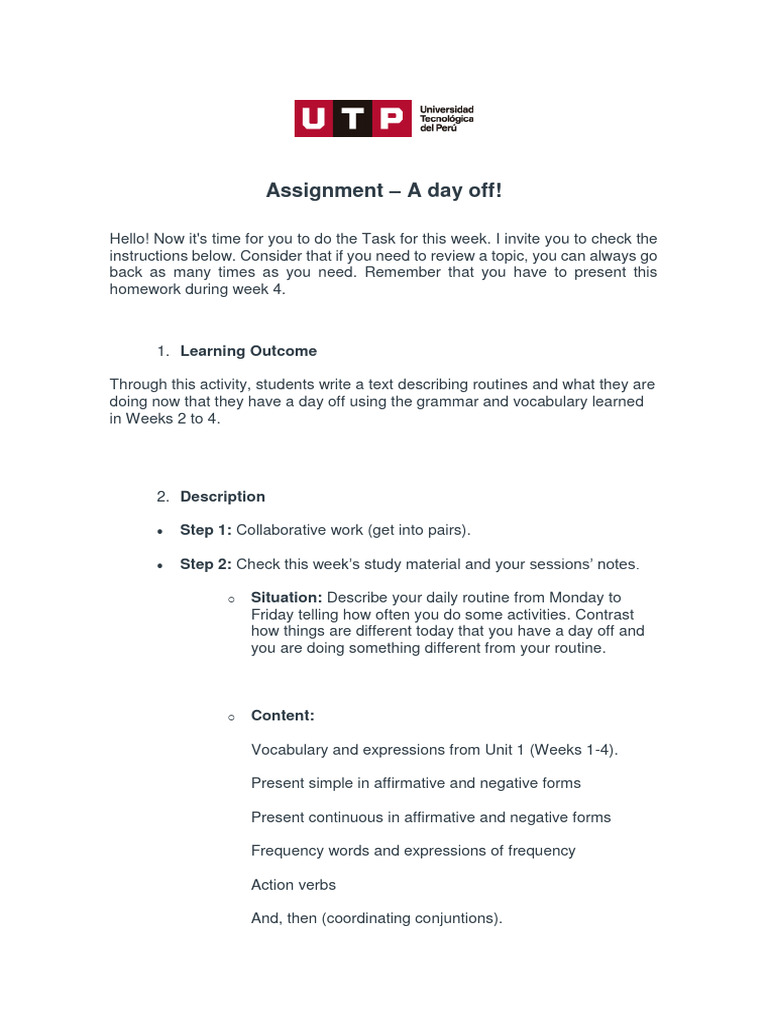 Week 4 - Task - Assignment - A Day Off! | PDF | Grammar | Human Communication