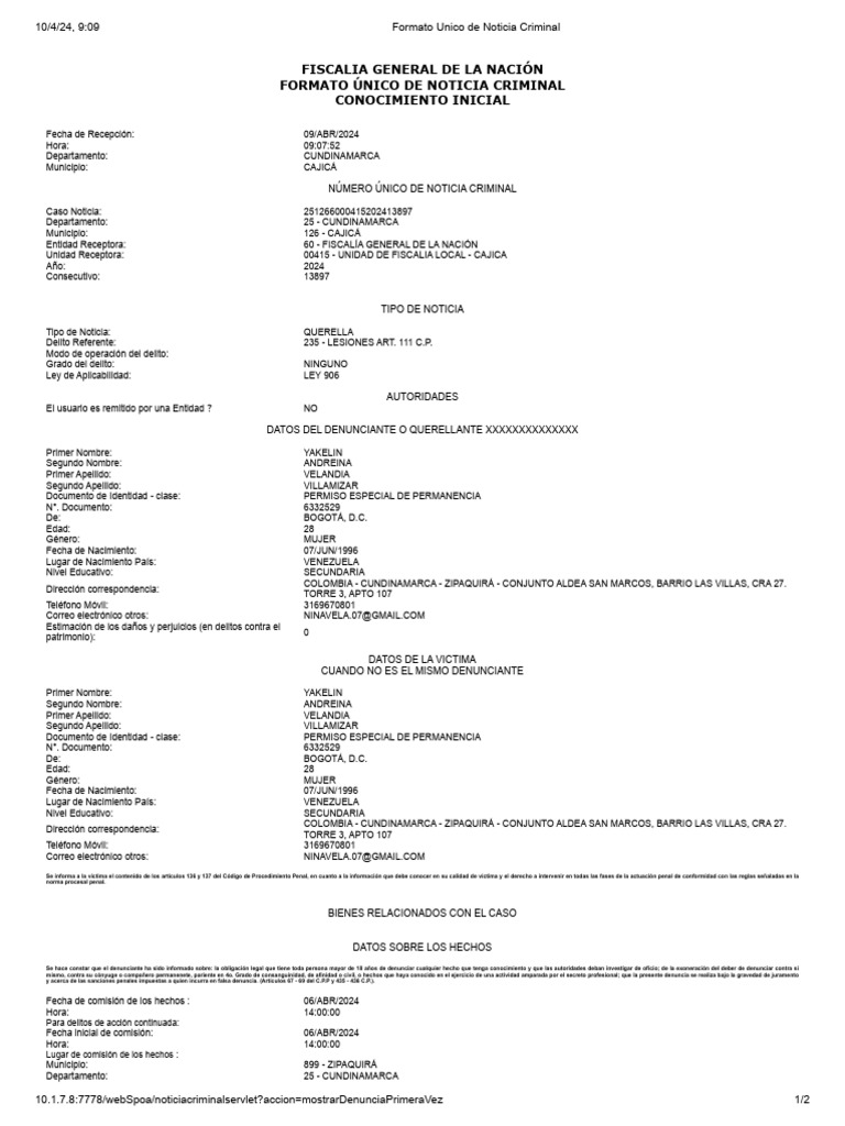 Formato Unico de Noticia Criminal | PDF | Justicia | Crimen y violencia