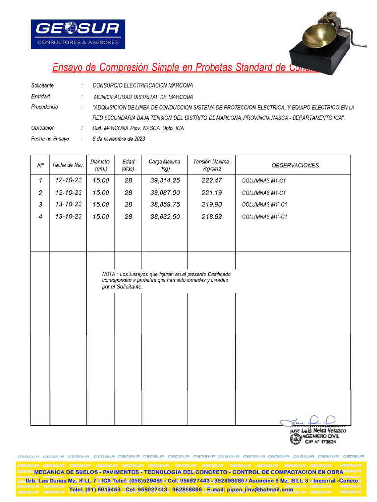 Ensayo Probetas Consorcio Electrificacion Marcona - Removed | PDF