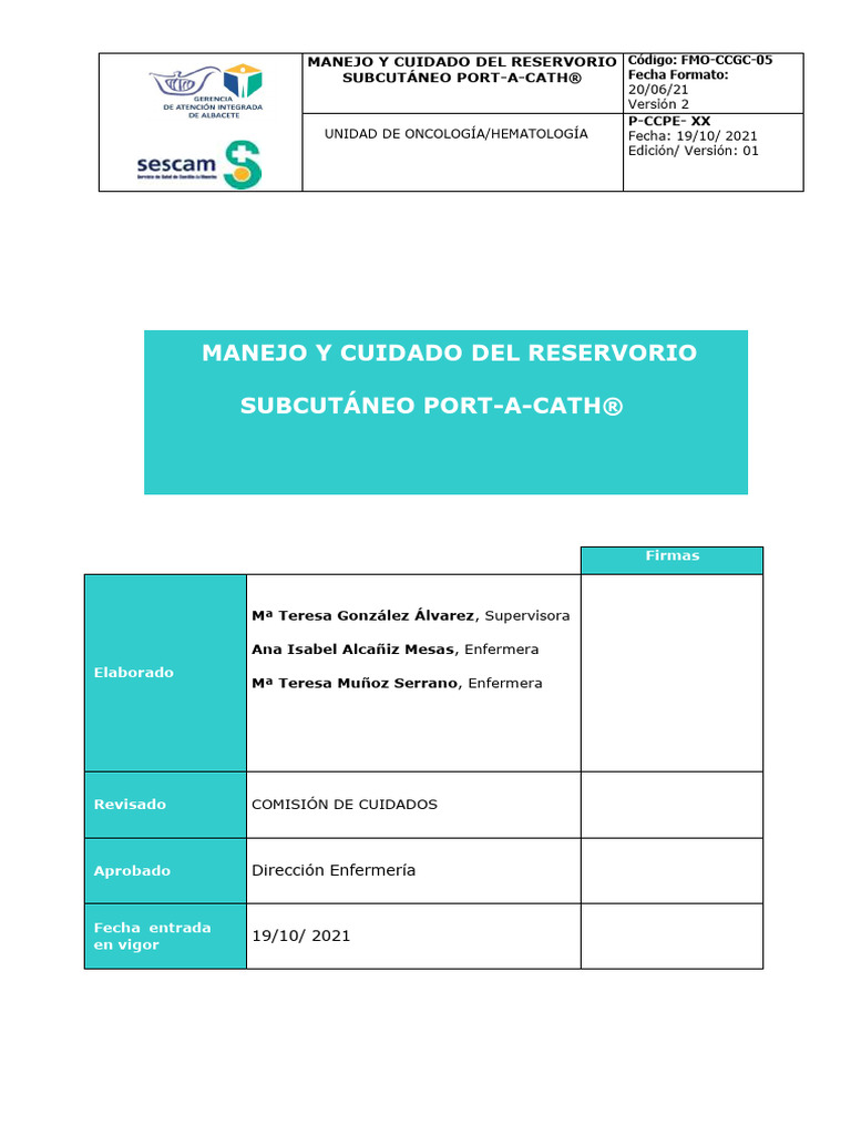 Manejo Y Cuidado Del Reservorio Subcutáneo Port-A-Cath® | PDF | Terapia ...