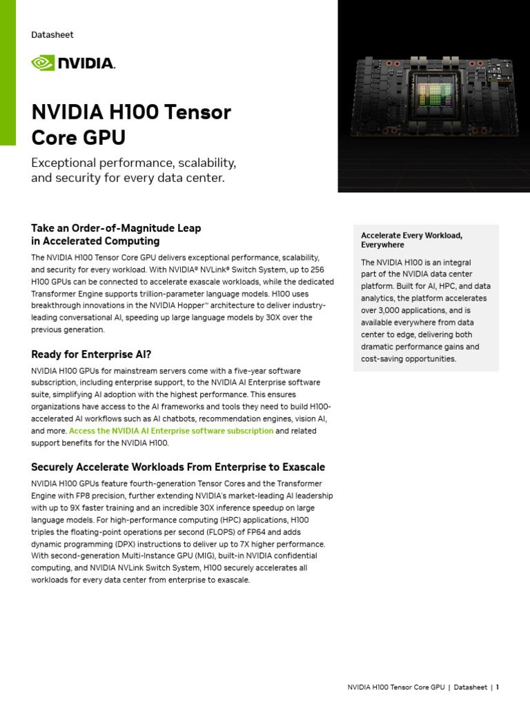 Nvidia h100 Datasheet 2430615 | PDF | Graphics Processing Unit | Computing