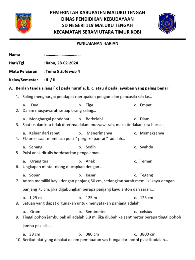 SOAL KLS 2 Tema 5 Subtema 4 | PDF | Seni & Disiplin Bahasa