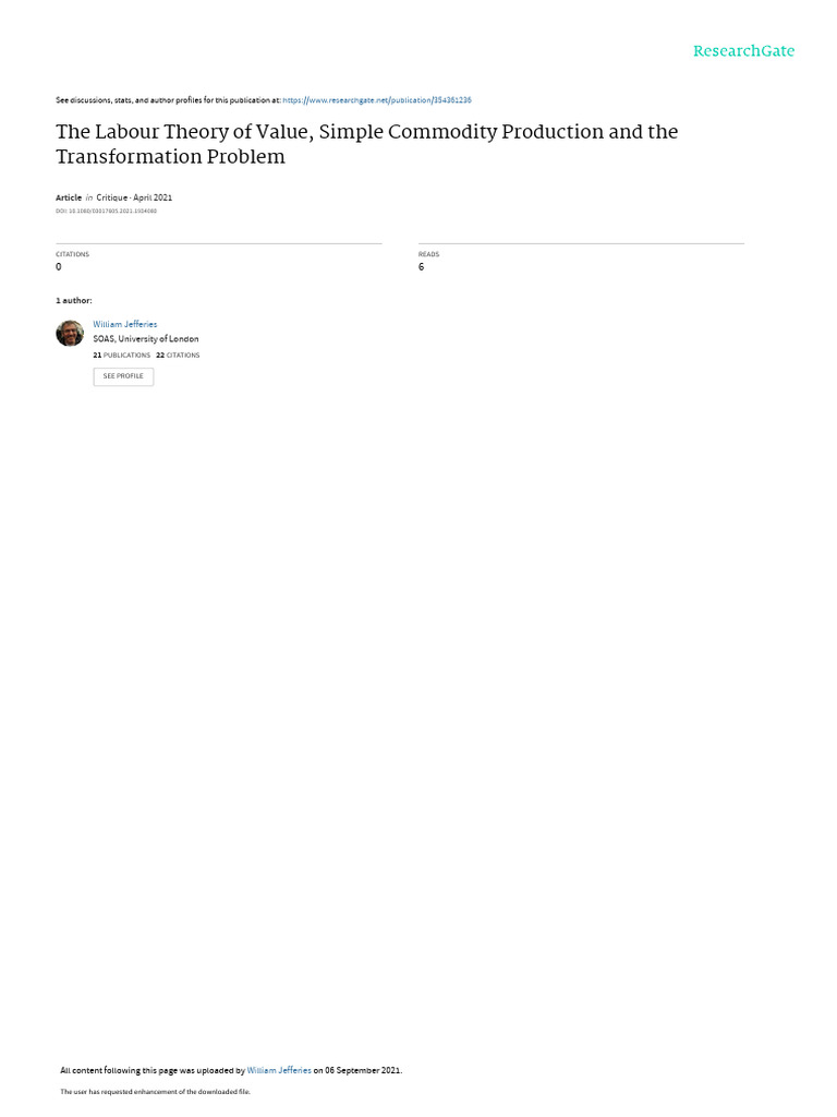 Jefferies, William. The Labour Theory of Value Simple Commodity ...