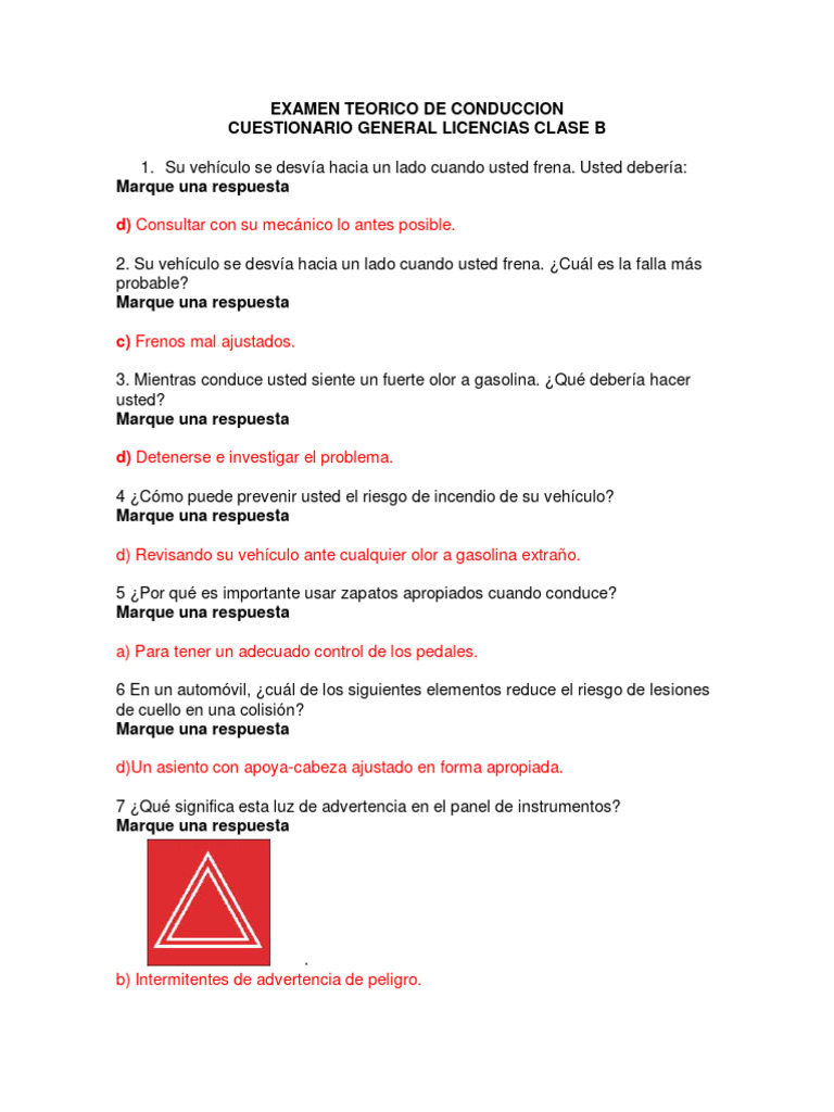 Examen Teórico de Conducción Clase B | PDF | Tráfico | Neumático