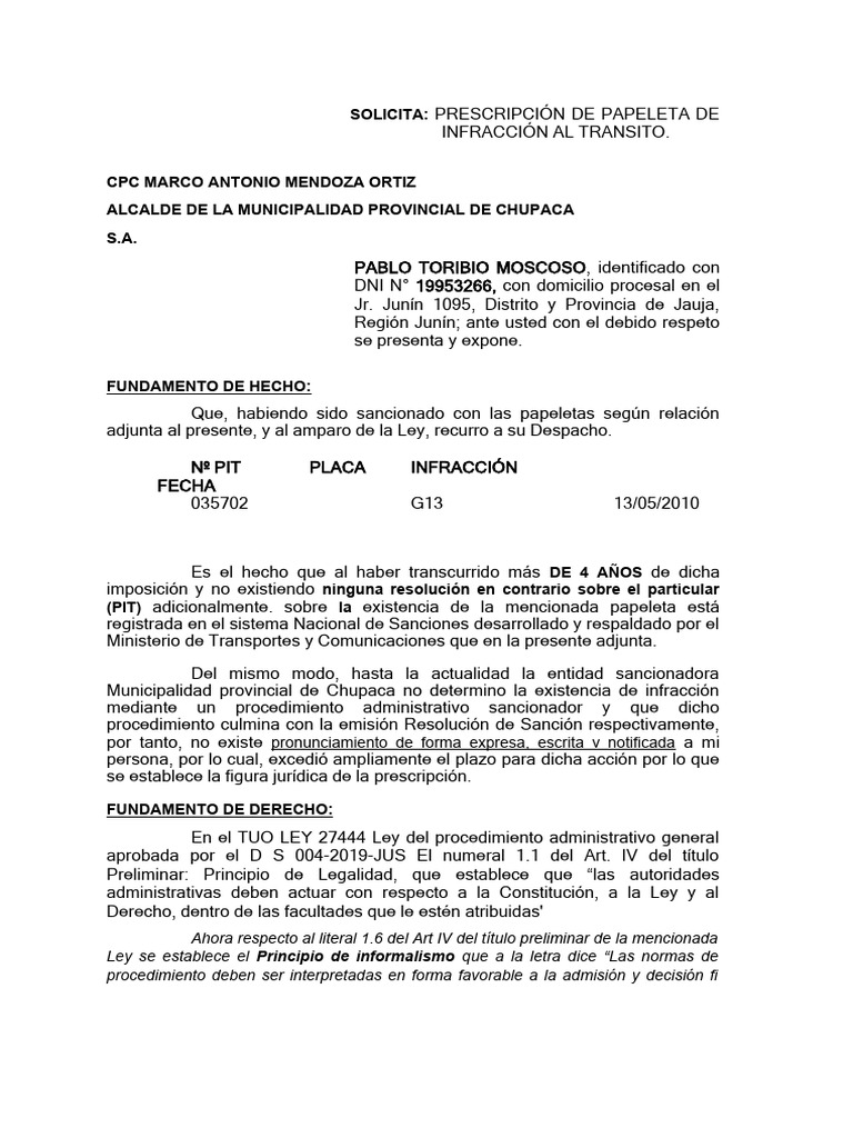 SOLICITUD PRESCRIPCION DE PAPELETA MODELO 2022 MPCH | PDF | Estatuto de limitaciones | Gobierno