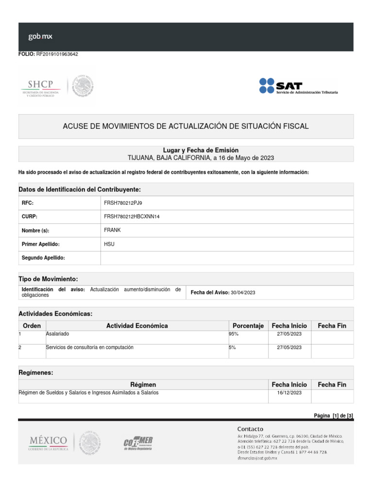 Acuse de Movimientos de Actualización de Situación Fiscal | Descargar ...