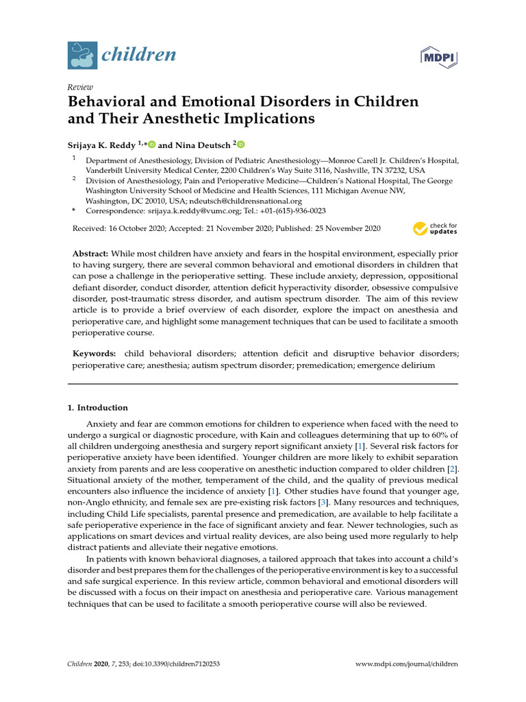 Behavioral and Emotional Disorders in Children and Their Anesthetic ...