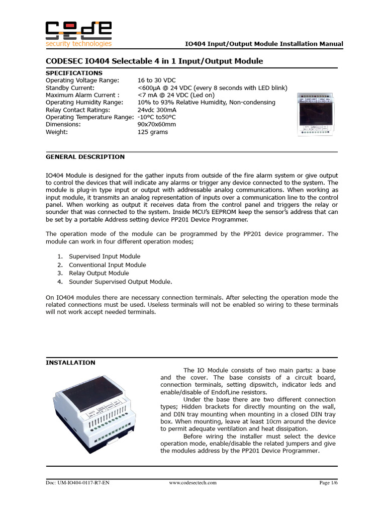 CODESEC IO404 Selectable 4 in 1 Input/Output Module: Security Technologies | PDF | Electrical ...