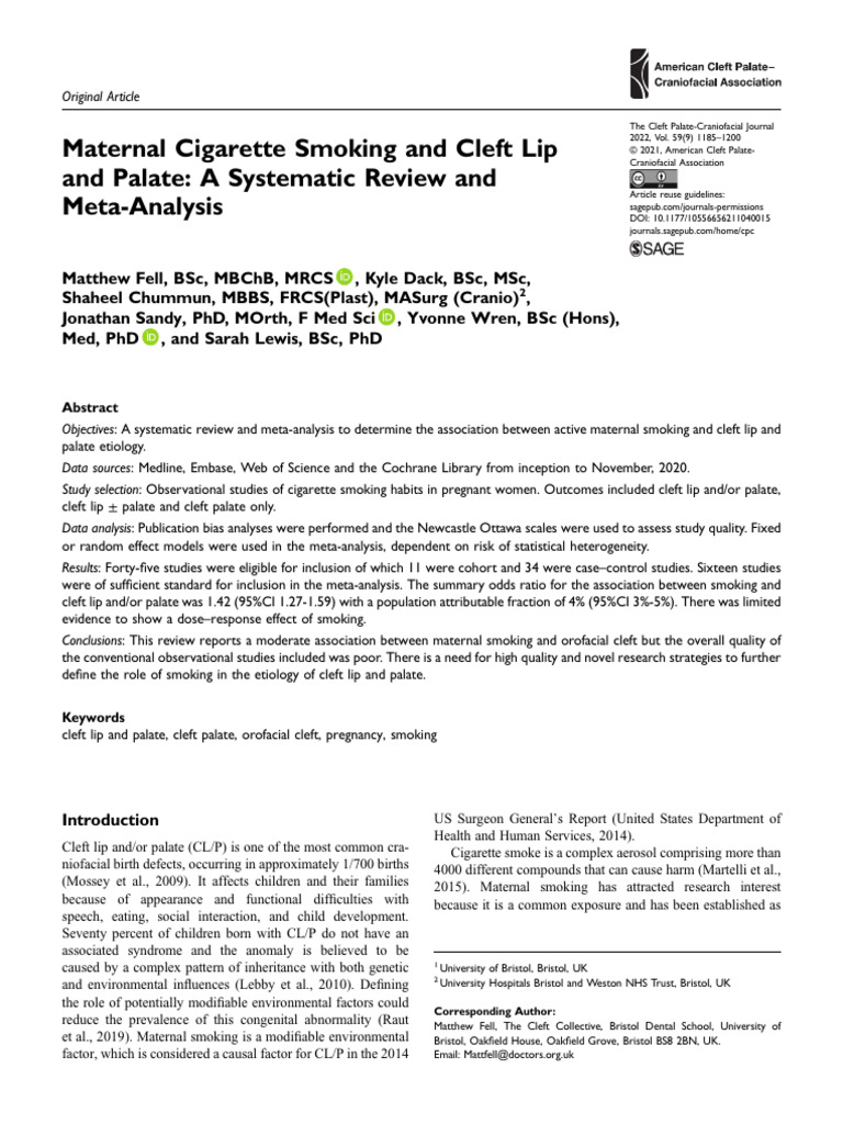 Maternal Cigarette Smoking and Cleft Lip and Palate: A Systematic Review and Meta-Analysis | PDF ...