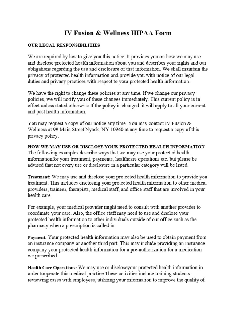 IV Fusion Wellness HIPPA | PDF | Health Informatics | Discovery (Law)