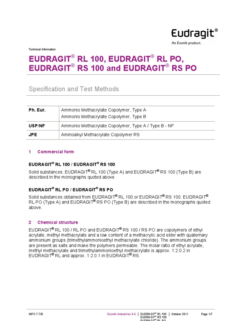 Evonik Specification Eudragit Rl 100 Eudragit Rl Po Eudragit Rs 100 And Eudragit Rs Po Pdf