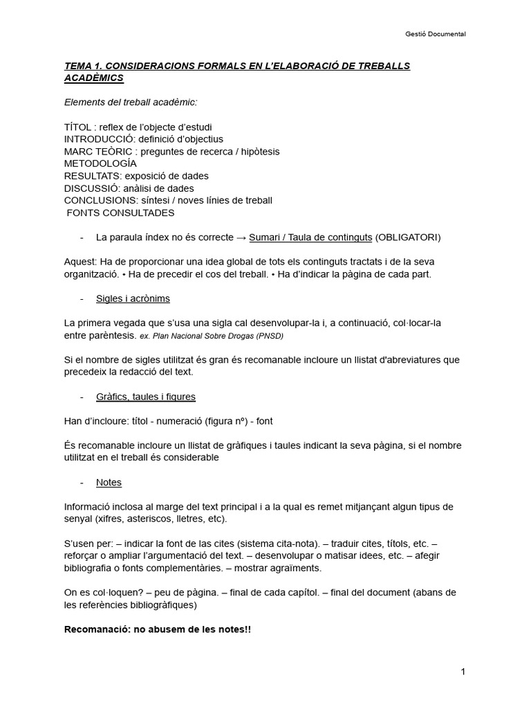 Elements Del Treball Acadèmic:: Tema 1. Consideracions Formals en L'Elaboració de Treballs ...