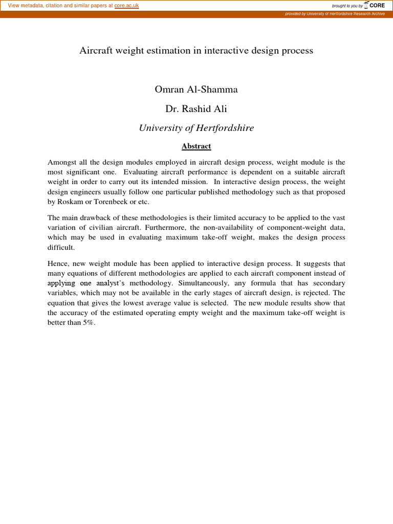 Aircraft Weight Estimation Methods | PDF | Methodology | Aircraft