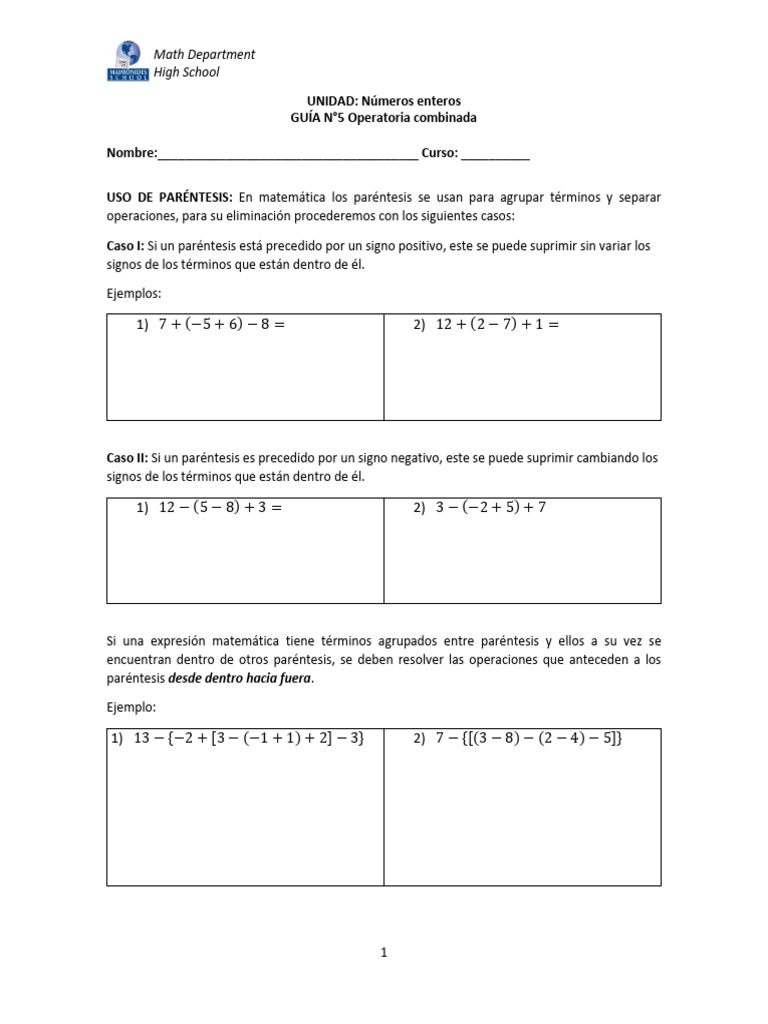 5 Guía Operatoria Combinada Con Números Enteros | PDF | Entero ...