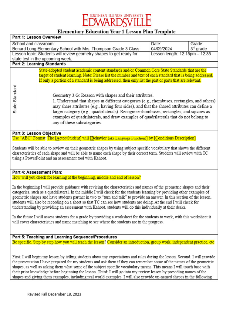 Field Experience Lesson Plan 2 | PDF | Shape | Lesson Plan