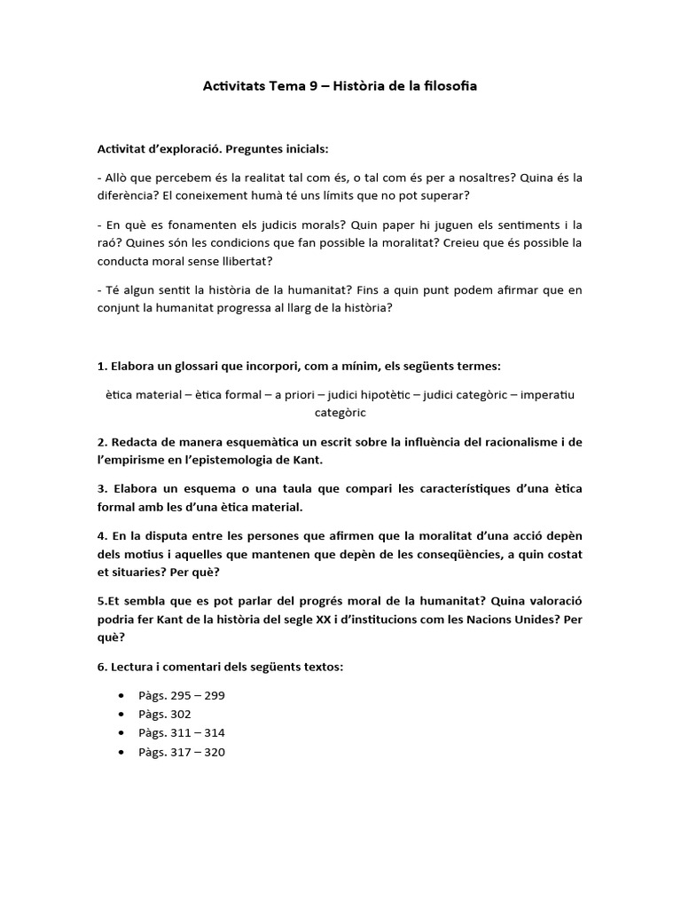 Activitats Tema 9 - Història de la filosofia | PDF