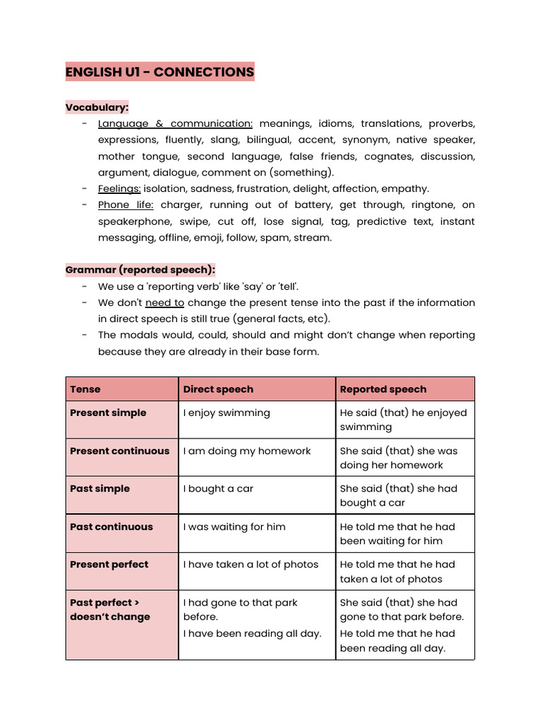 U1 English - Connections | PDF | Human Communication | Grammar
