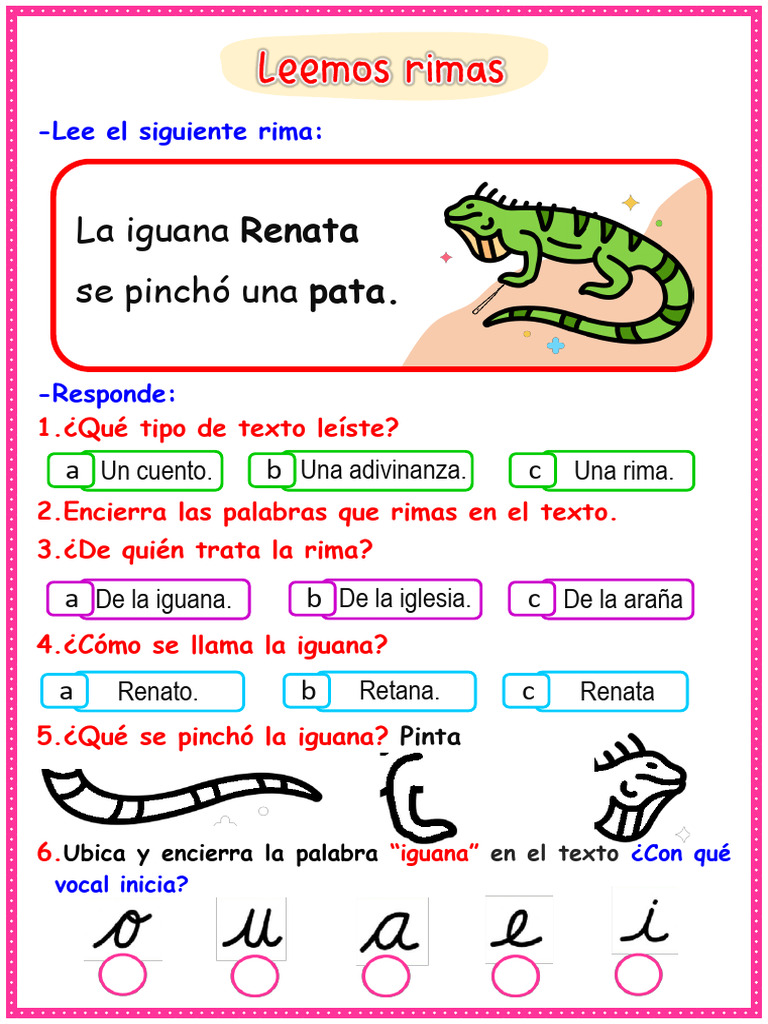 FICHA ADICIONAL LEEMOS RIMAS LA VOCAL I MAESTRA JANET | PDF