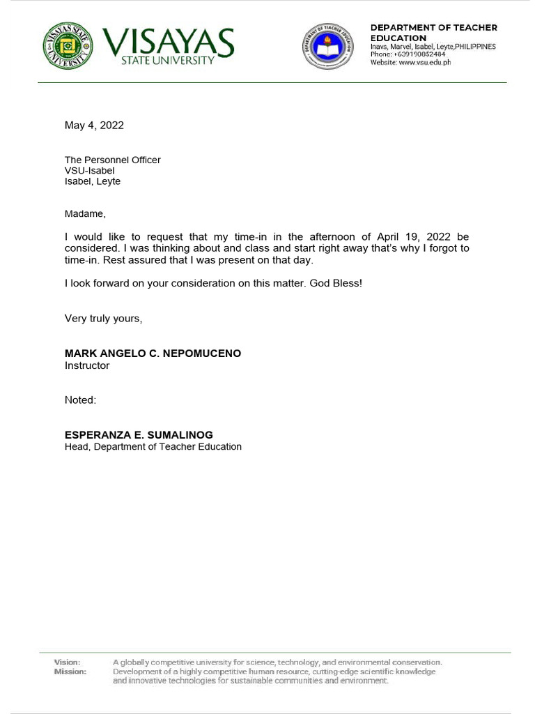 Justification Letter for Late Time-In | PDF