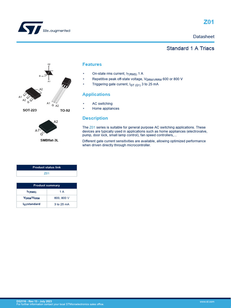 Standard 1 A Triacs: Features | PDF | Electronics | Electromagnetism
