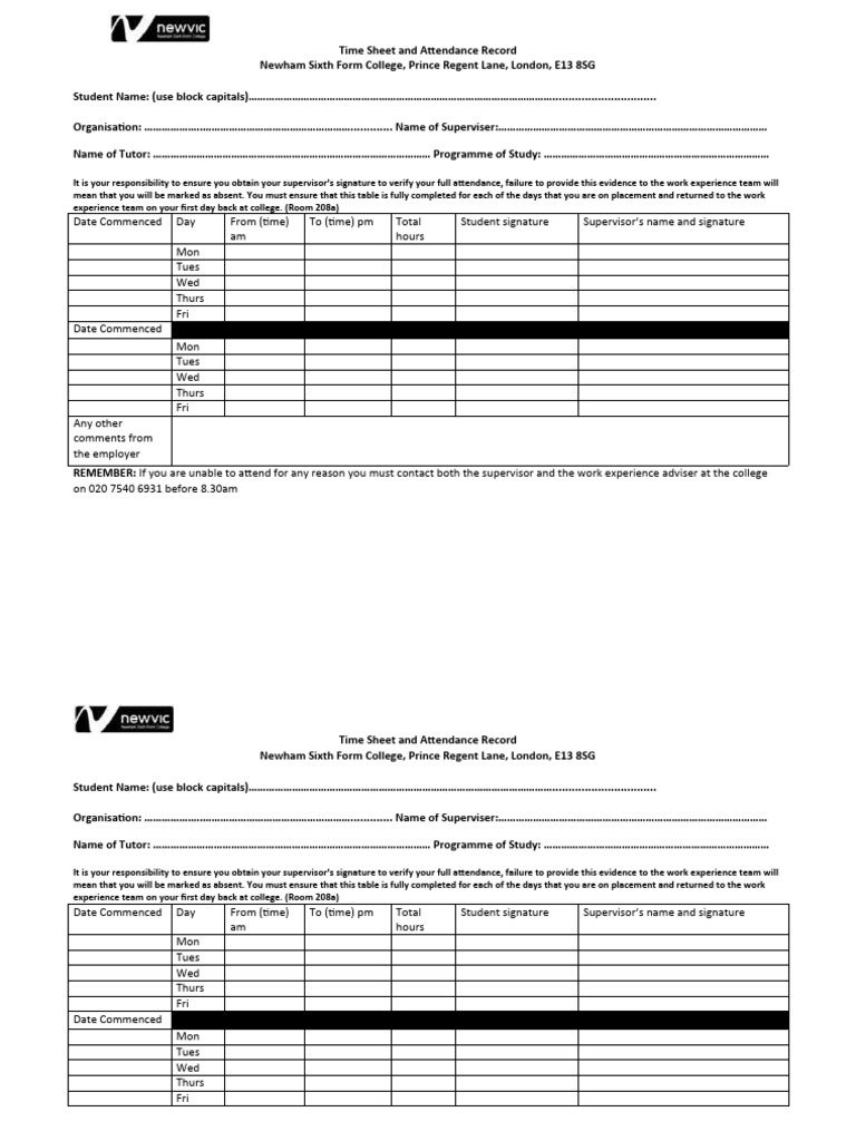 Template Time Sheet and Attendance Record T Levels | PDF