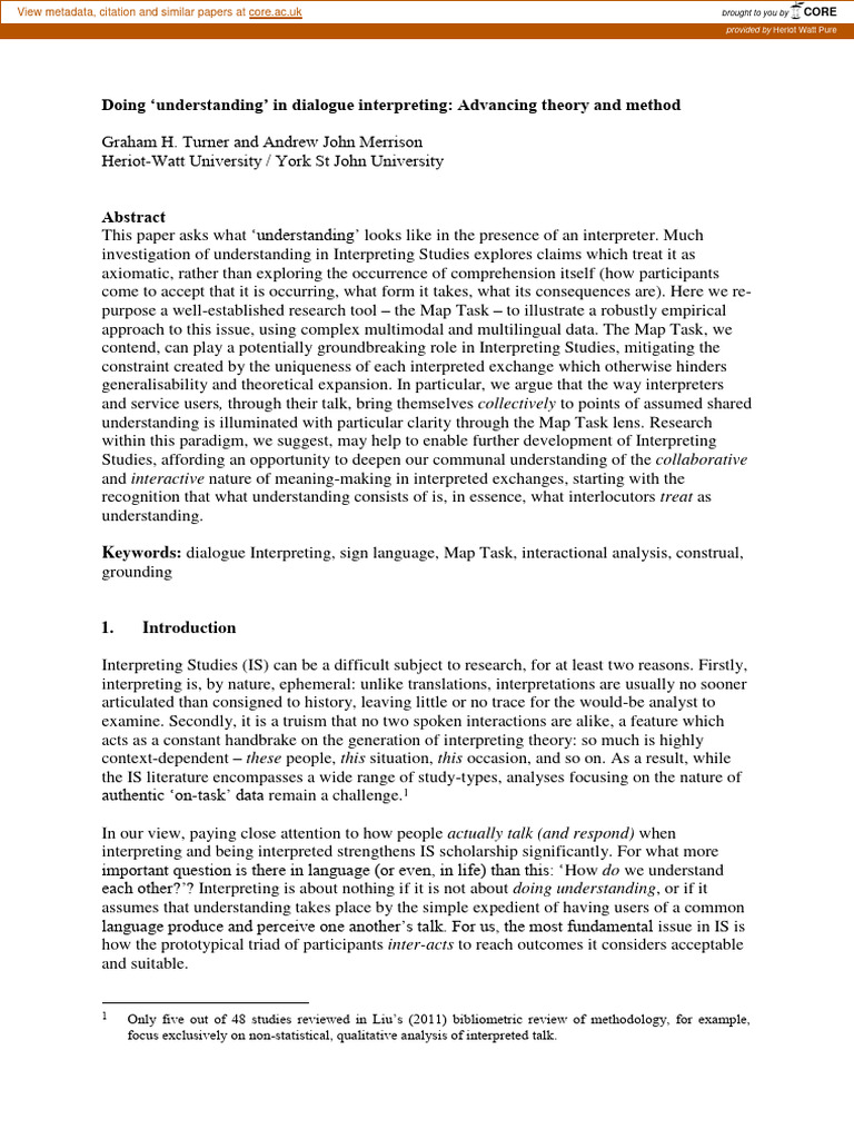 Doing Understanding' in Dialogue Interpreting Advancing Theory and ...