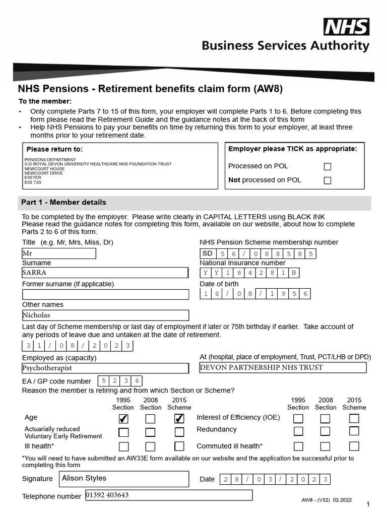 NHS Pension Retirement Claim Form (AW8) | PDF | Pension | Retirement