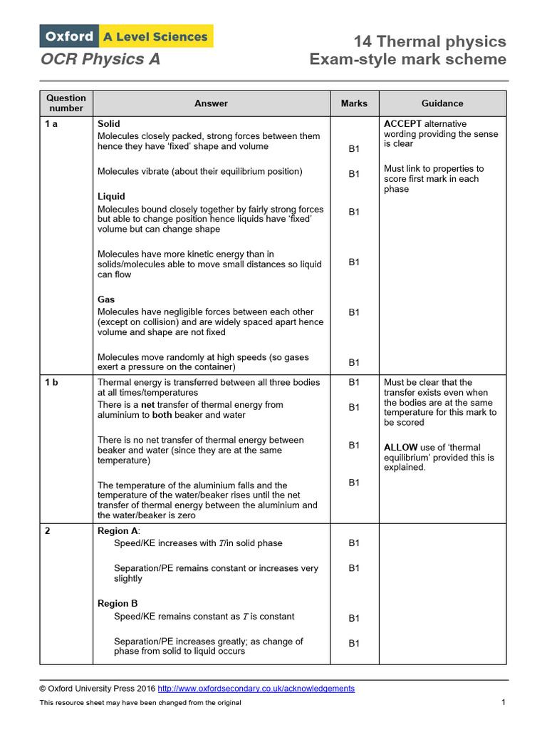 Chapter 14 Test - Mark Scheme | PDF | Gases | Temperature