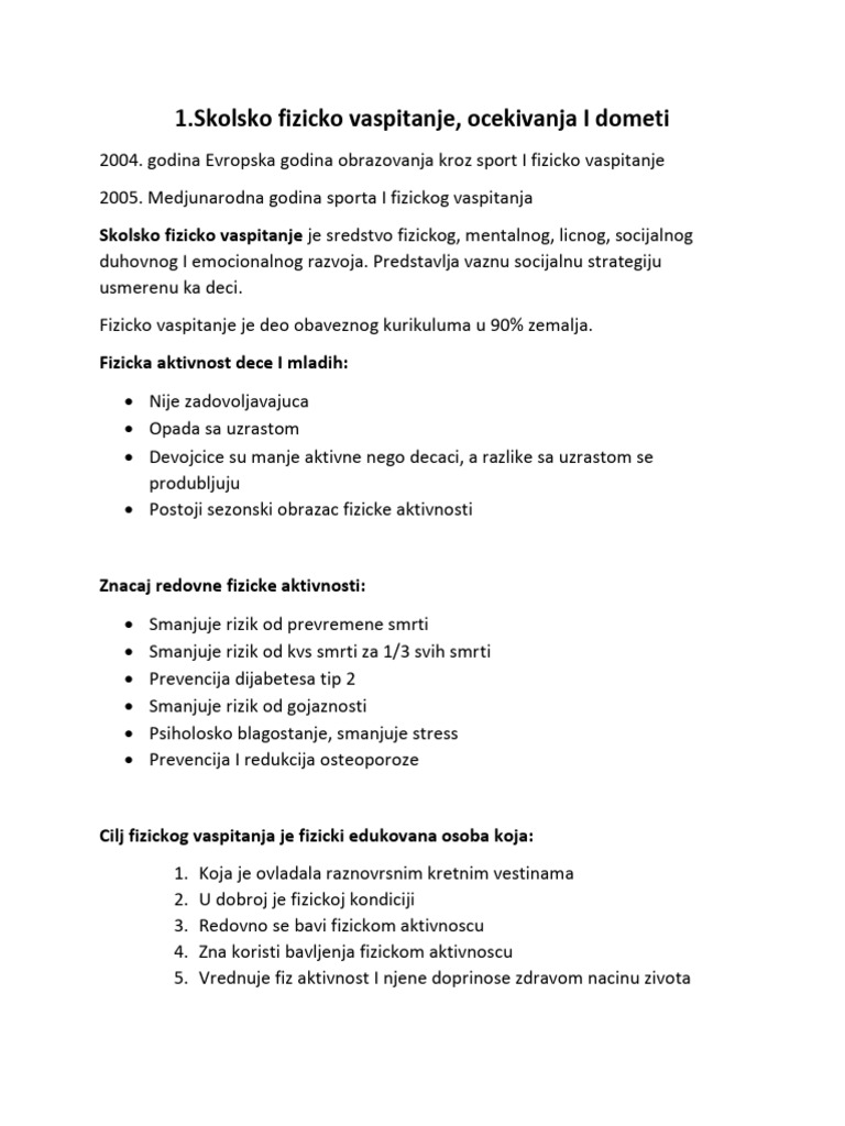 1.skolsko Fizicko Vaspitanje, Ocekivanja I Dometi | PDF